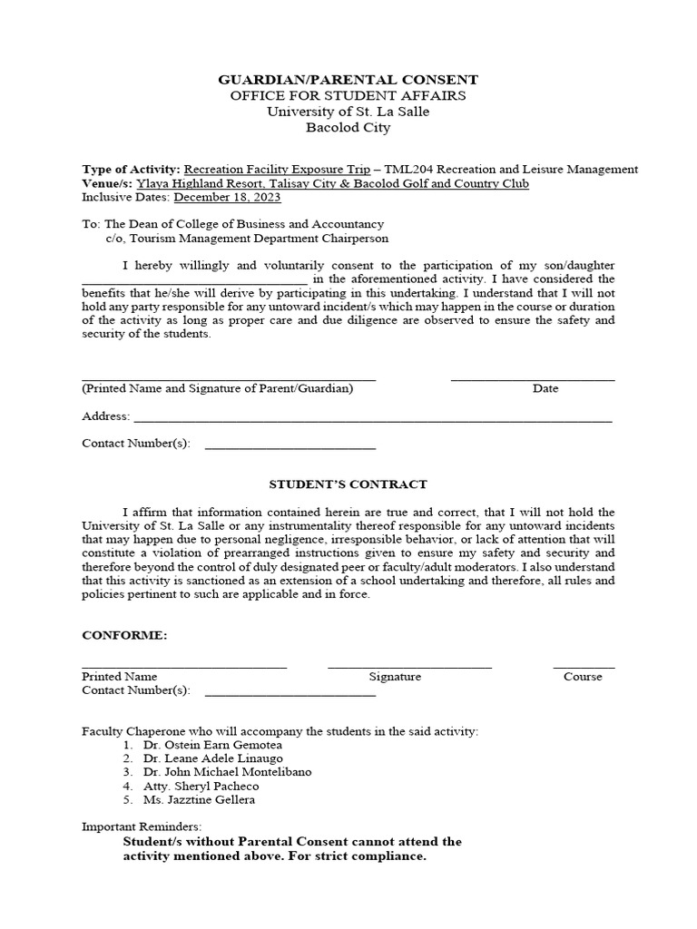 Recreation Facility Expo Trip Parental Consent | PDF | Wellness | Lifestyle