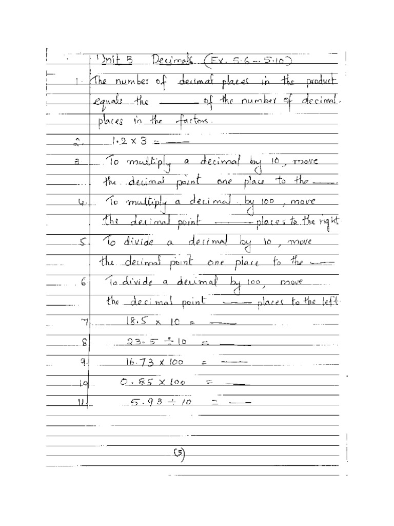 CBSE Class 5 Mathematics Worksheet - Decimals | PDF