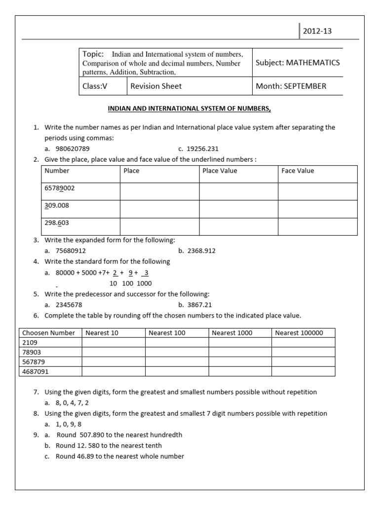 CBSE Class 5 Maths Revision Worksheets | PDF | Numbers | Integer
