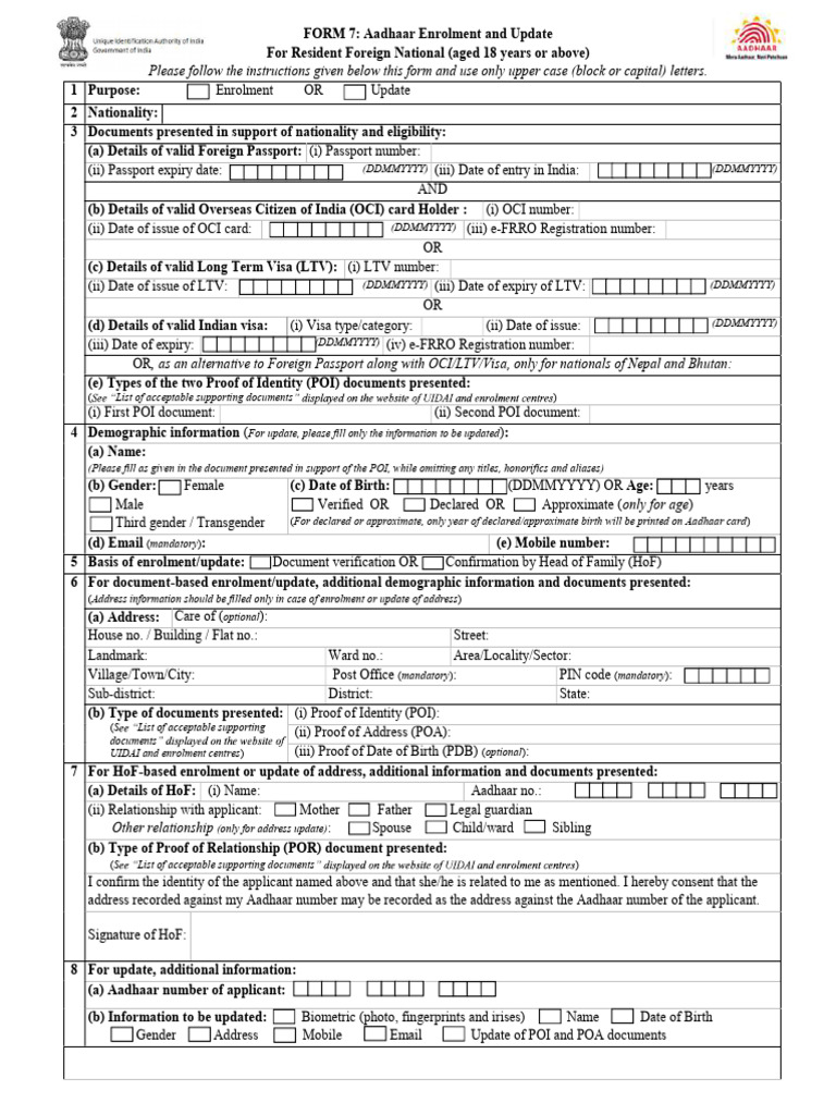 FORM 7: Aadhaar Enrolment and Update For Resident Foreign National ...