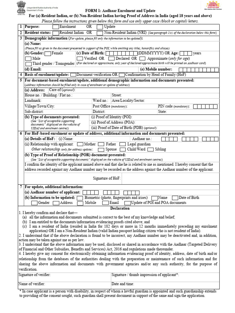 FORM 1: Aadhaar Enrolment and Update For (A) Resident Indian, or (B ...