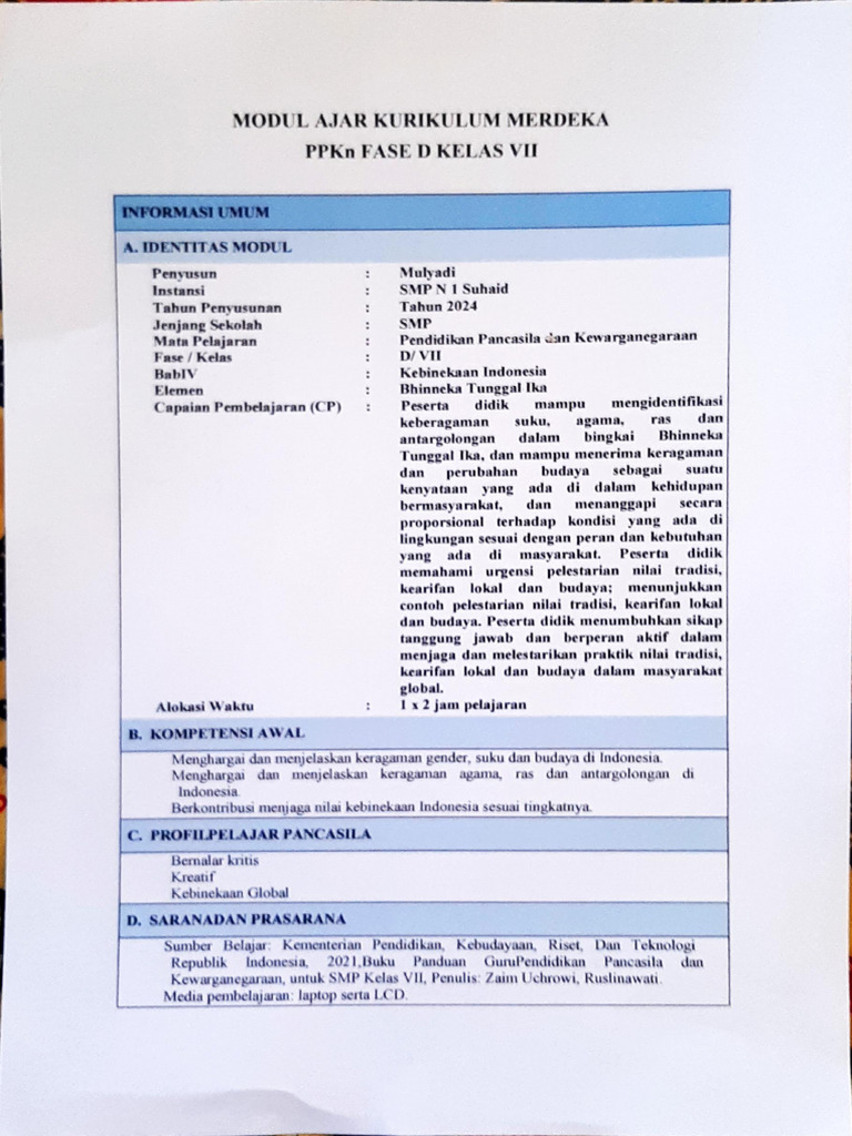 Modul Ajar PPKn Kelas 7 | PDF