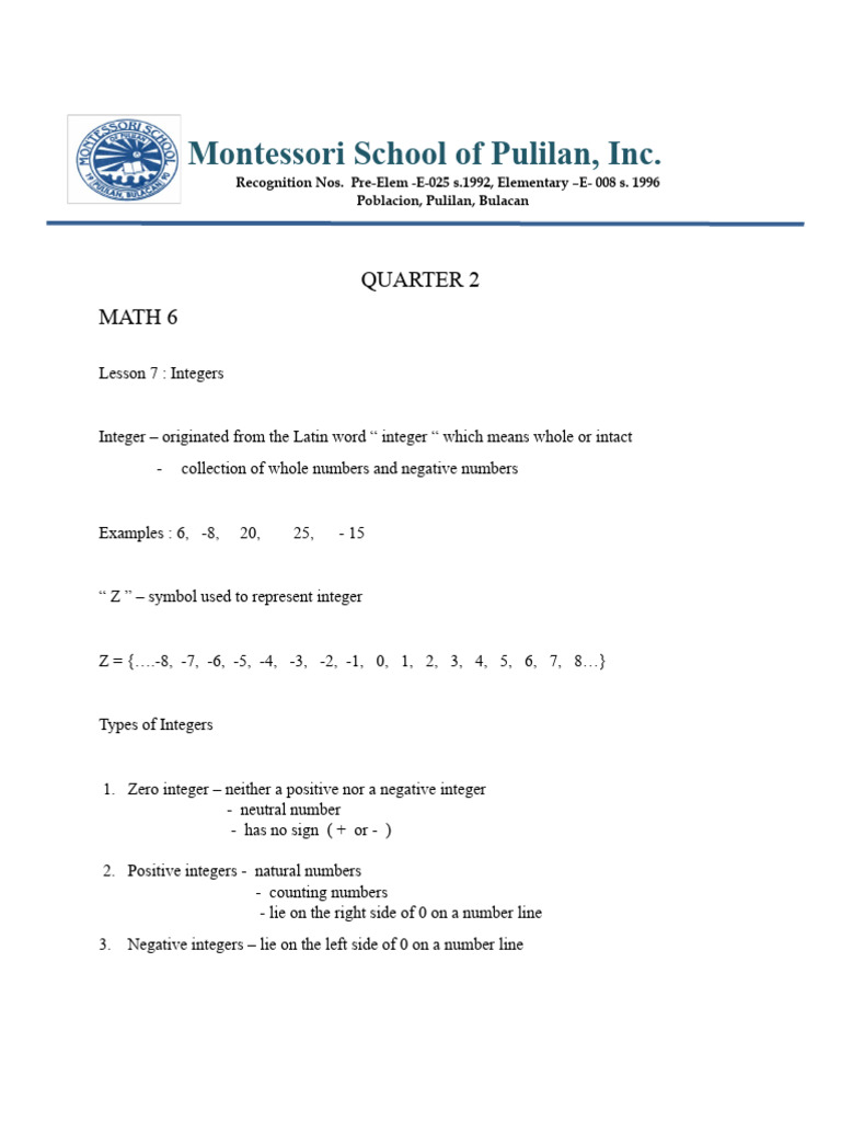 Lesson 7 - Integers | PDF | Integer | Arithmetic