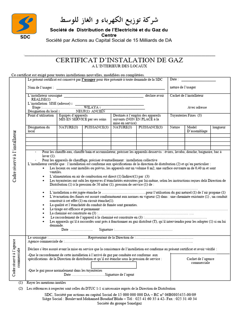 CERTIFICAT D'INSTATALATION Interieur GAZ | PDF | Tuyau | Cheminée
