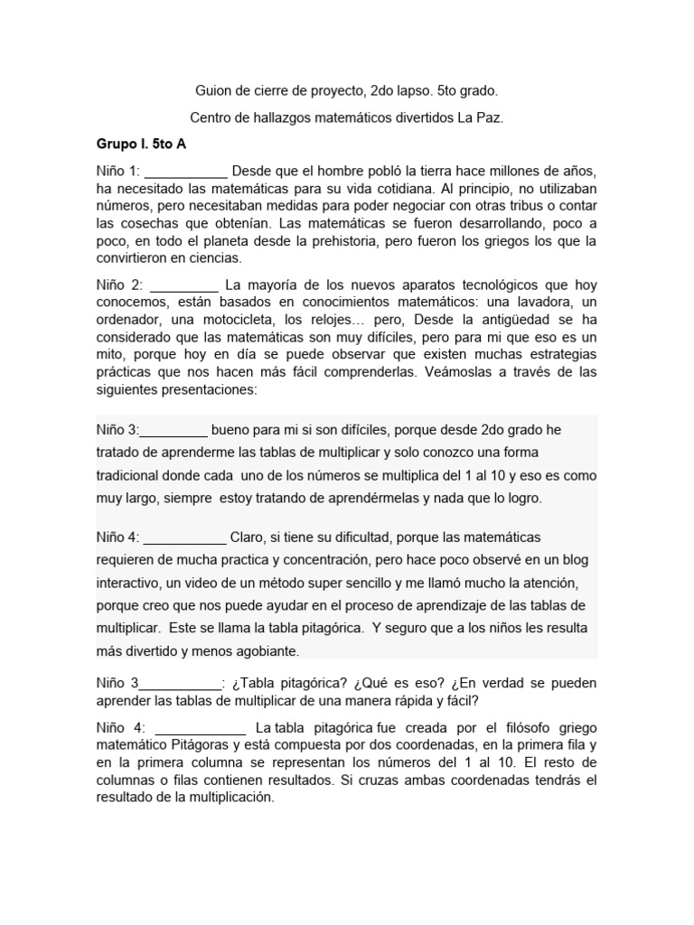 Guion de Cierre de Proyecto 2do Lapso | PDF | Matemáticas | Multiplicación