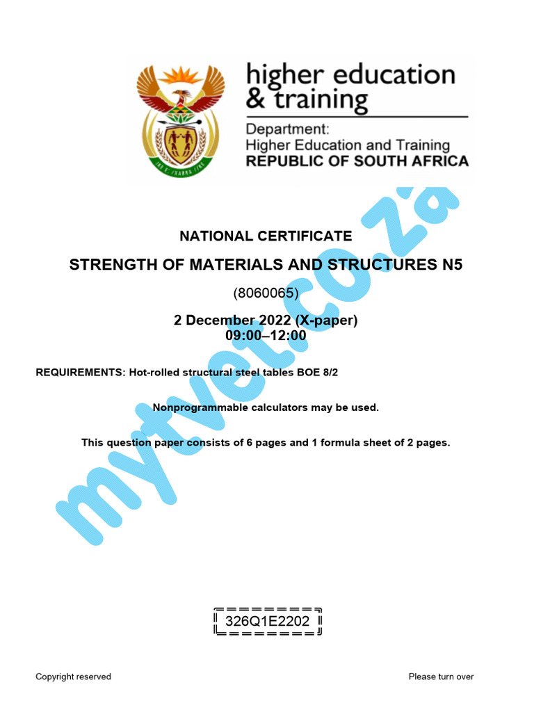 N5 Strength of Material and StructuresNovember 2022 Question Paper ...