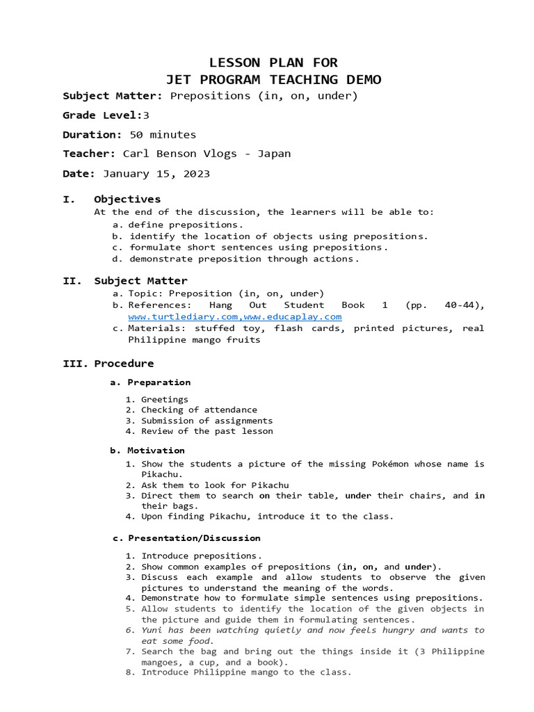 Sample Lesson Plan For JET Program Teaching Demo Carl Benson Vlogs ...