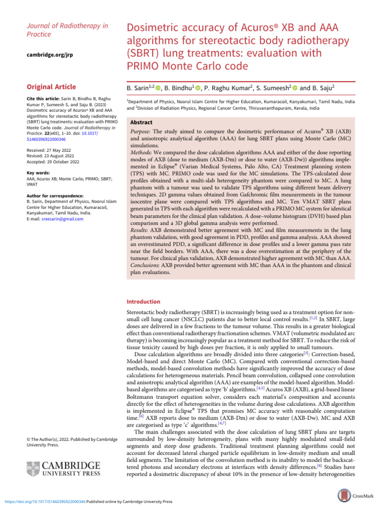 Dosimetric Accuracy of Acurosr XB and Aaa Primo Monte Carlo Code | PDF | Radiation Therapy ...