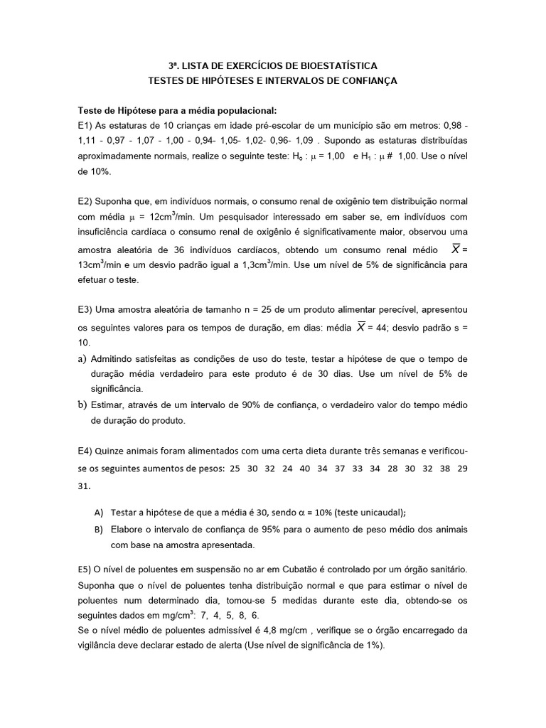 3a. Lista de Exerccios de Bioestatstica | PDF