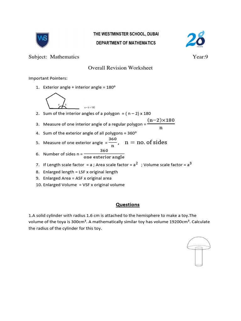 Yr 9 - CA3 Overall Revision Worksheet | PDF | Volume | Area