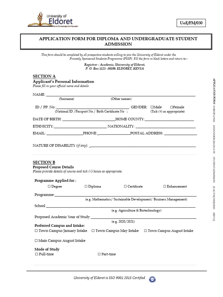 UoE Undergrade Diploma Admission Application Form | PDF | Diploma ...