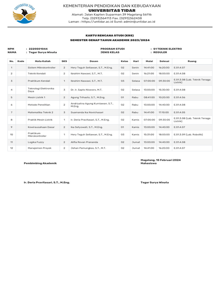 Alamat dan KRS Mahasiswa Untidar | PDF