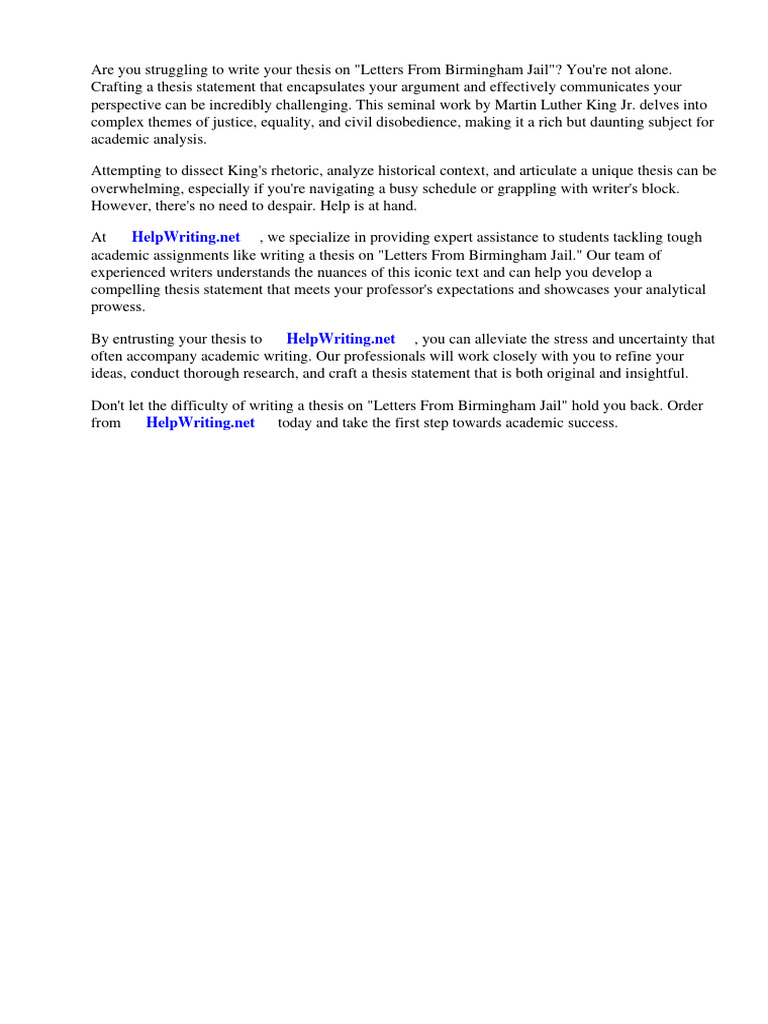 Letters From Birmingham Jail Thesis Statement | PDF | Martin Luther King Jr.