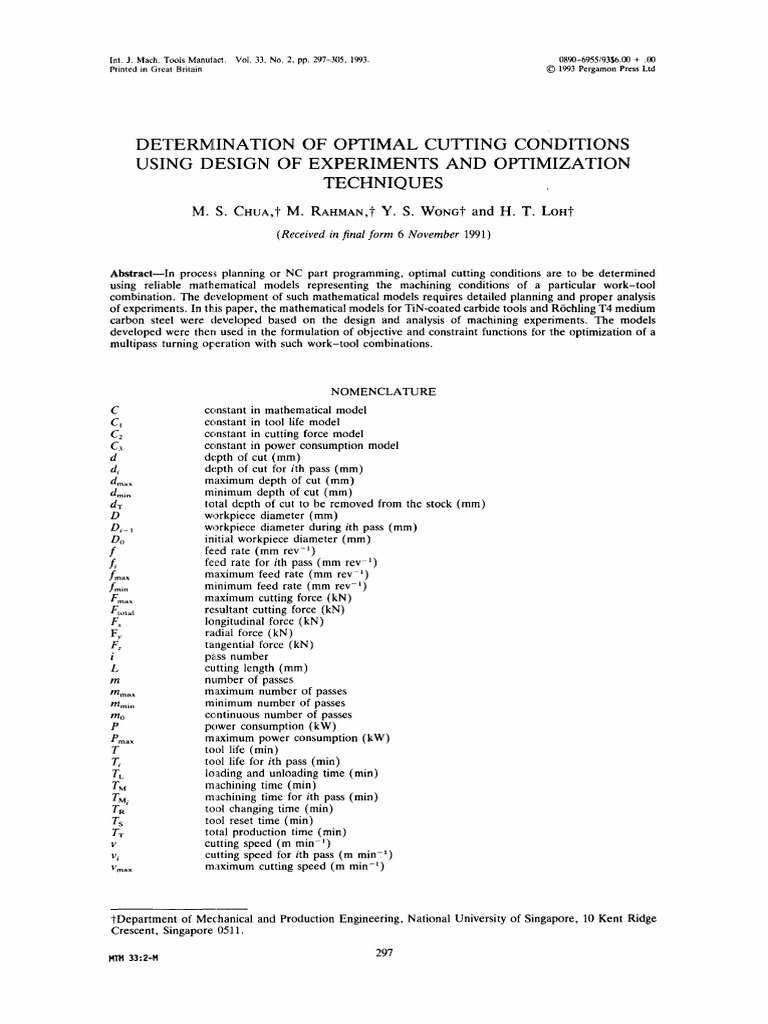 Determination Of Optimal Cutting Conditions Chua Et Al 1991 Pdf Coefficient Of Determination