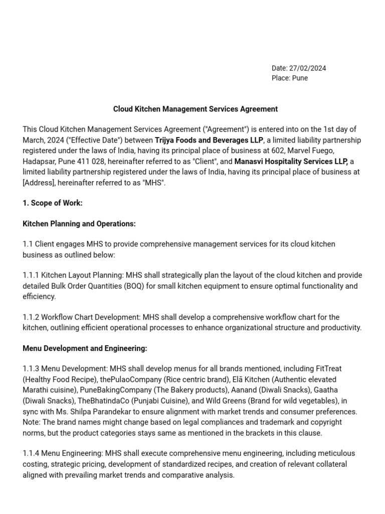 Cloud Kitchen Service Agreement | PDF