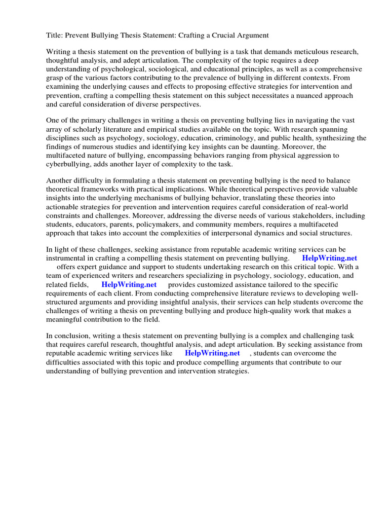 Prevent Bullying Thesis Statement | Download Free PDF | Bullying ...