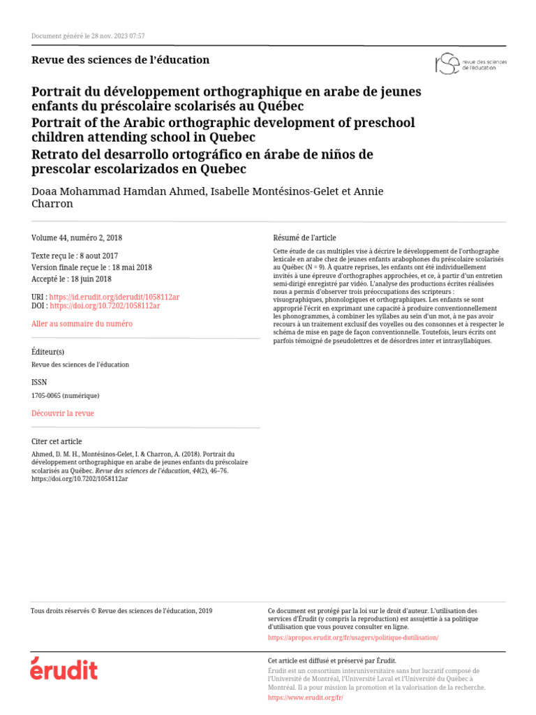 Revue Des Sciences de L'éducation: Doaa Mohammad Hamdan Ahmed, Isabelle ...