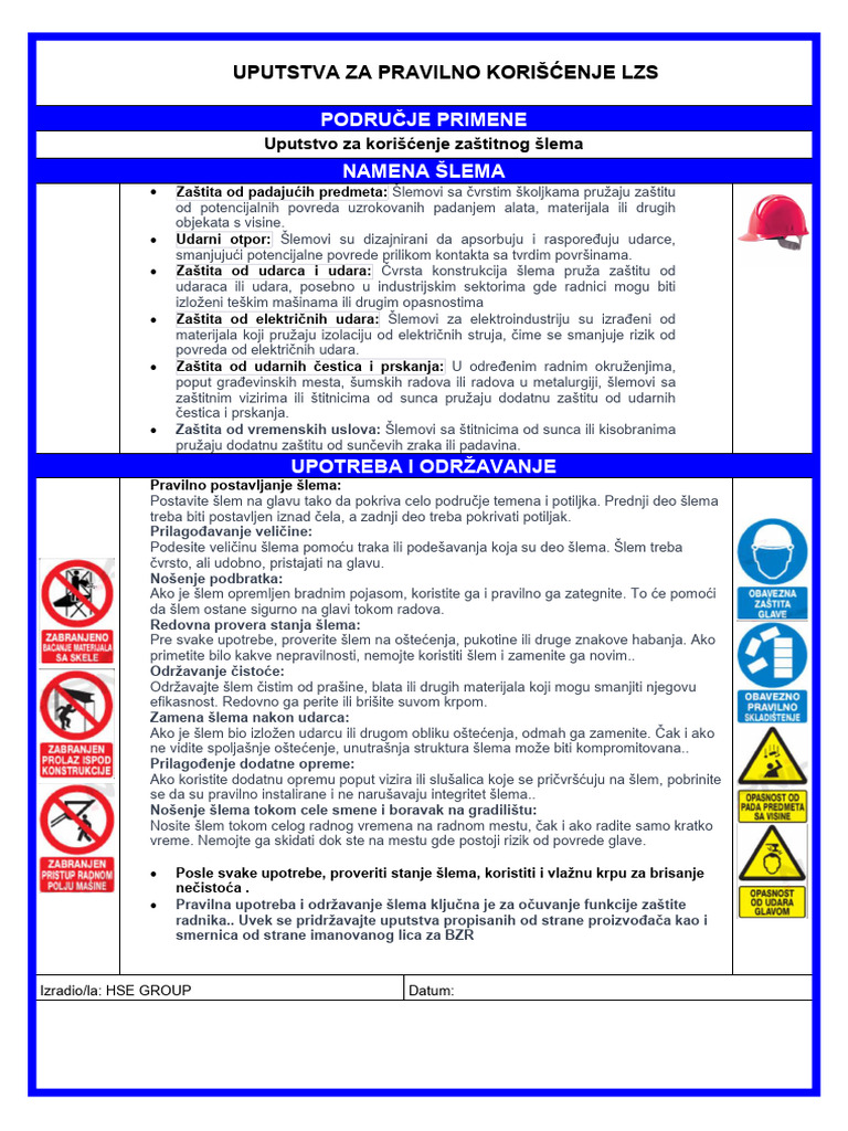 Uputstvo Za Pravilno Korišćenje LZS - Šlem | PDF