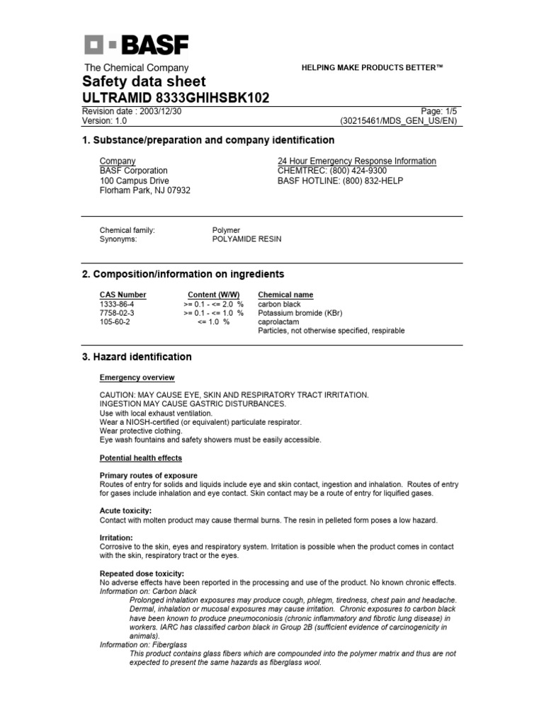 PA BASF Ultramid 8333GHI BK102 MSDS | PDF | Particulates | Personal ...