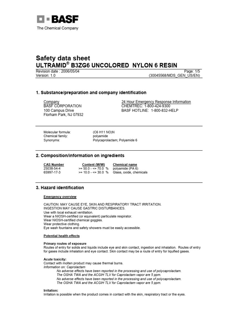 PA BASF Ultramid B3ZG6 MSDS | PDF | Firefighting | Hazards