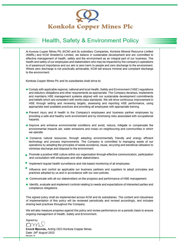 KCM SHE POLICY Rev 15 | PDF | Safety | Employment