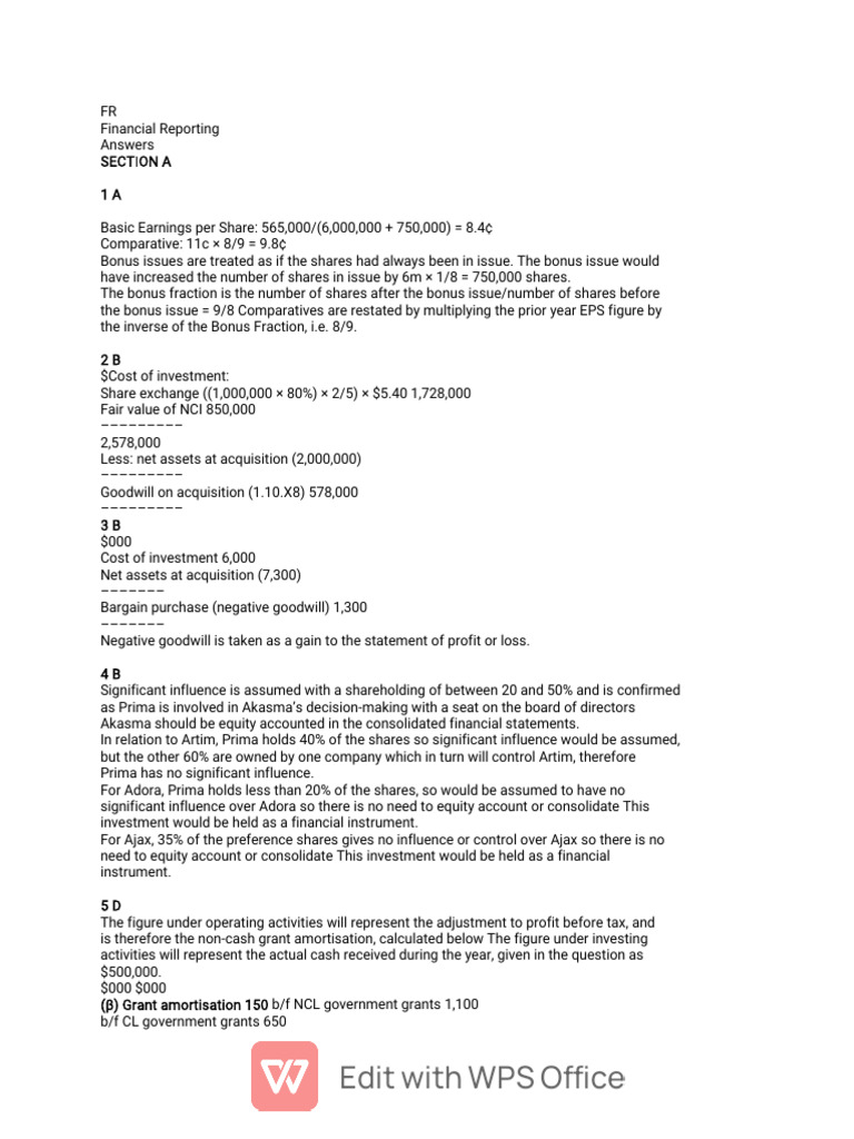 FR 1 Set 1 (Answer Key) | PDF | Fair Value | Depreciation