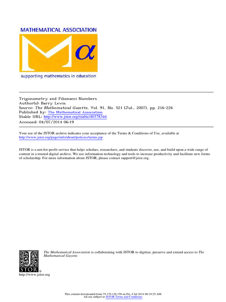 Fibonacci And Trigono Metry Pdf Trigonometry Mathematical Analysis 2862