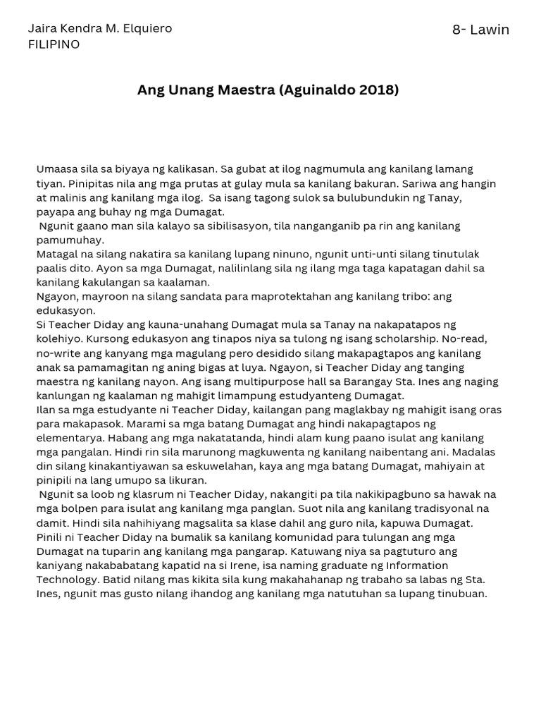 Ang Unang Maestra (Aguinaldo 2018) : Jaira Kendra M. Elquiero Filipino ...