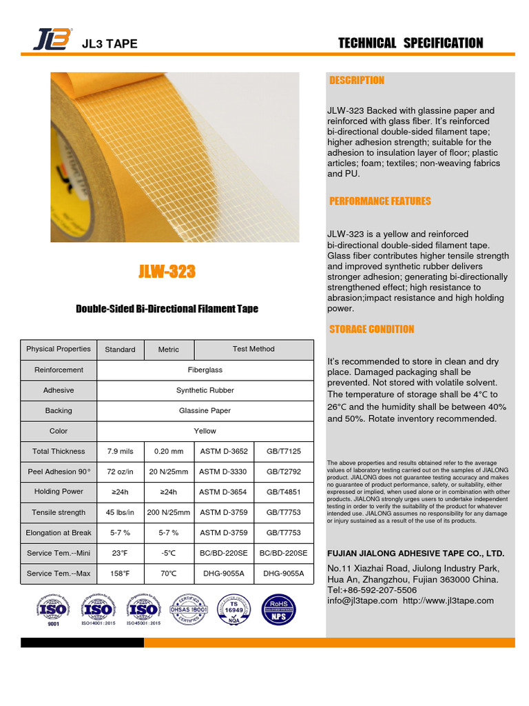 JLW-323 Double-Sided Filament Tape Specs | PDF | Fibers | Textiles