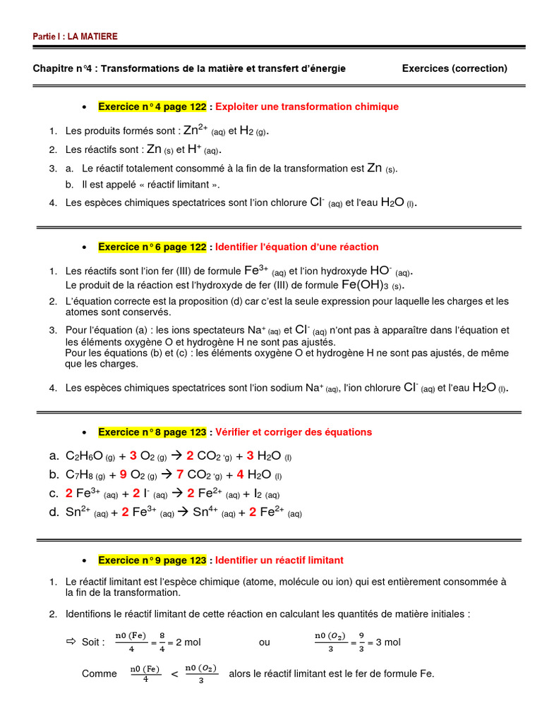 (Correction Exos Du 10 Mars) Synthèses - Transformations Chimiques | PDF | Ion | Hydroxyde