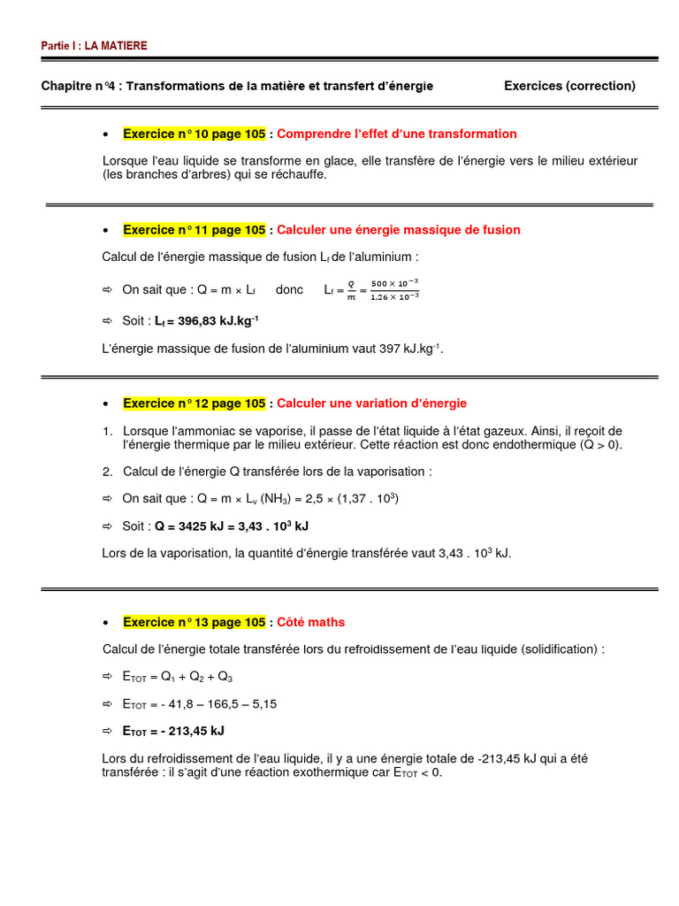 (Correction Exos Du 28 Jan) Chapitre N° 4 - Transformations de La Matière | PDF