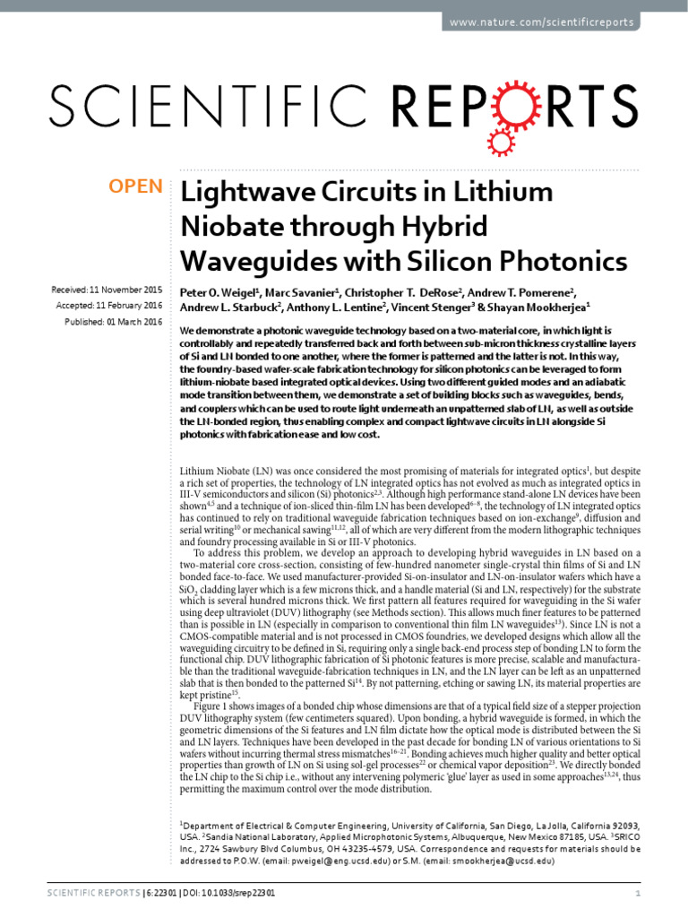 2016 SREP - PeterO - Weigel - Lightwave Circuits in Lithium Niobate Through Hybrid Waveguides ...