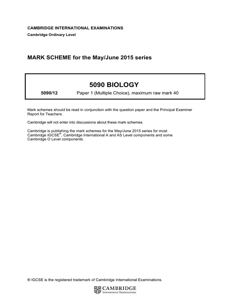 5090 BIOLOGY: MARK SCHEME For The May/June 2015 Series | PDF