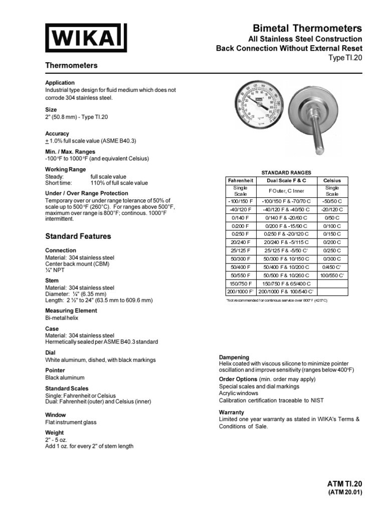 Termómetro Bimetálico Wika 2in TI.20 | PDF | Celsius | Fahrenheit