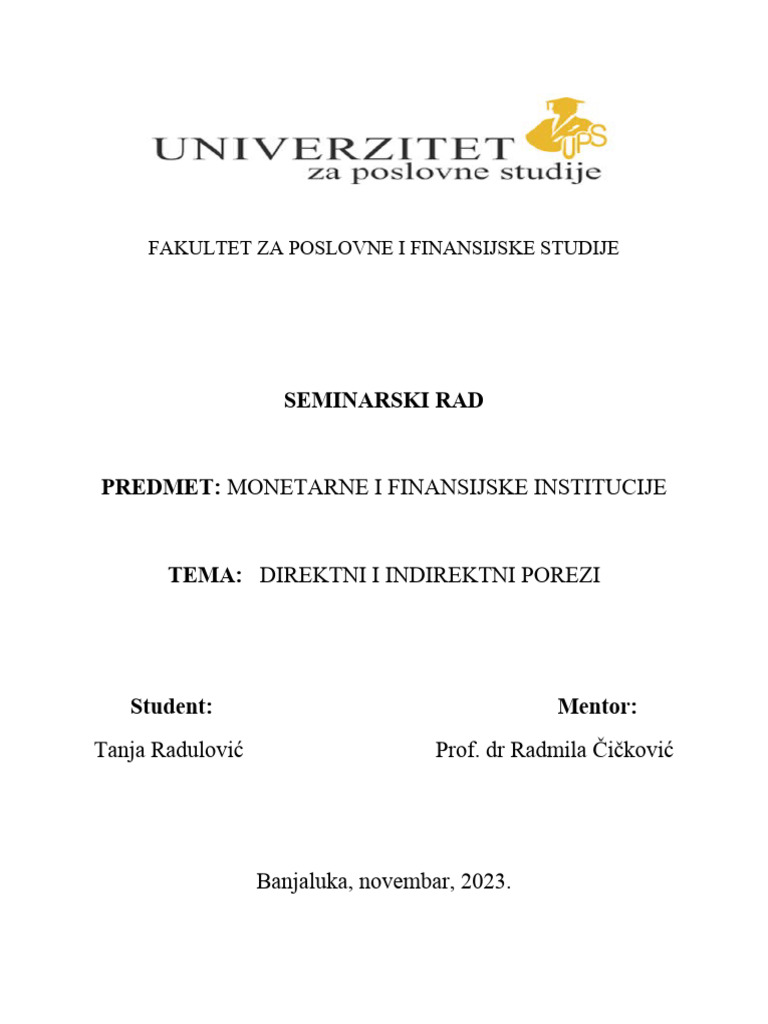 Seminarski Direktni I Indirektni Porezi | PDF