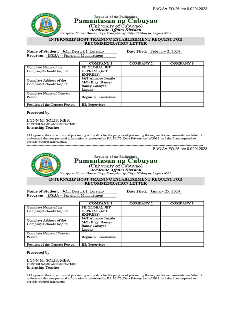 PNC AA FO 26 Internship Host Training Establishment Request For ...