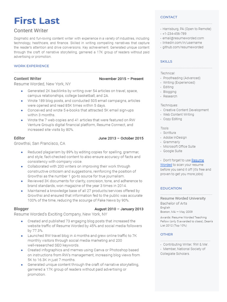 Experienced Content Writer Profile | PDF | Editing | Blog