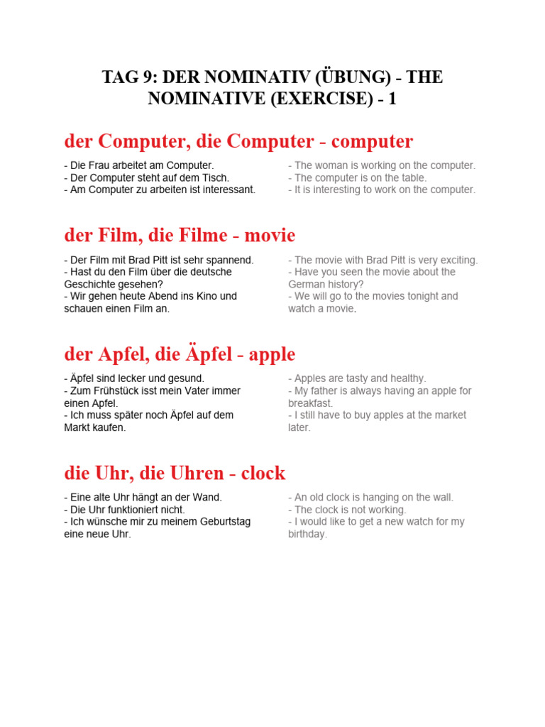 TAG 9.1 Der Nominativ (Übung) - The Nominative (Exercise) - 1 | PDF