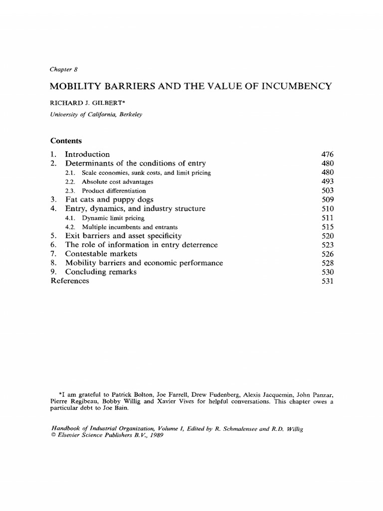 Gilbert 1988 Chapter 8 Mobility Barriers and The Value of Incumbency ...