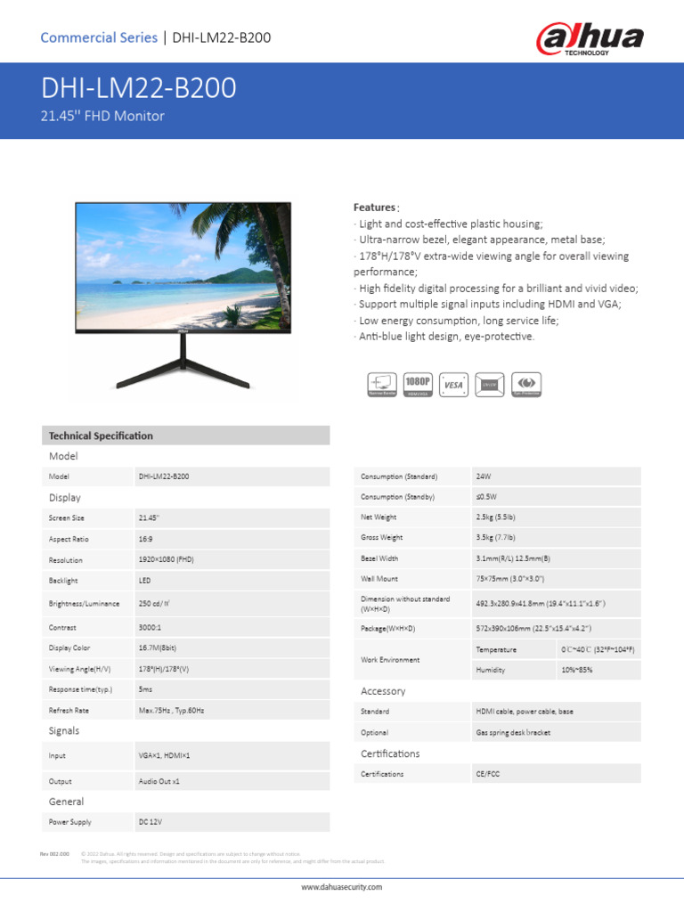 DHI-LM22-B200 Datasheet 2022.9.23 | PDF | Hdmi | Computer Monitor