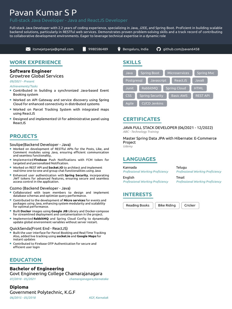 Pavan Kumar S P: Work Experience Skills | PDF | Java (Programming Language) | Cloud Computing