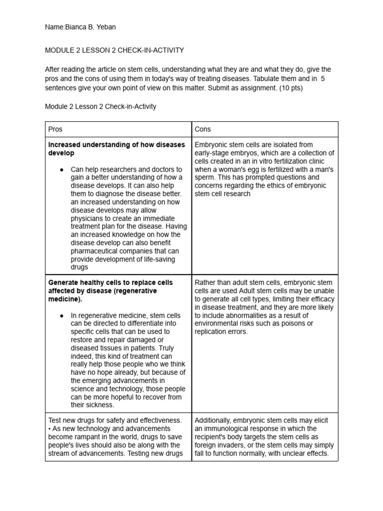Module 2 Lesson 2 Check-In-Activity | PDF | Stem Cell | Embryonic Stem Cell