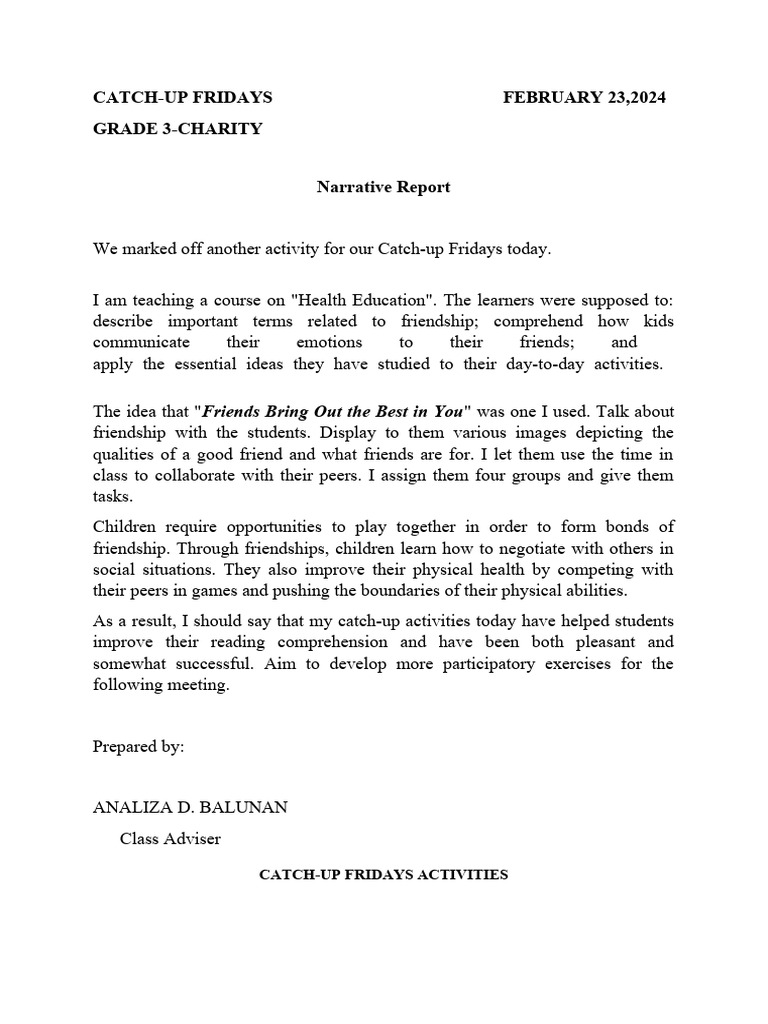 Sample CATCH-UP NARRATIVE REPORT | PDF