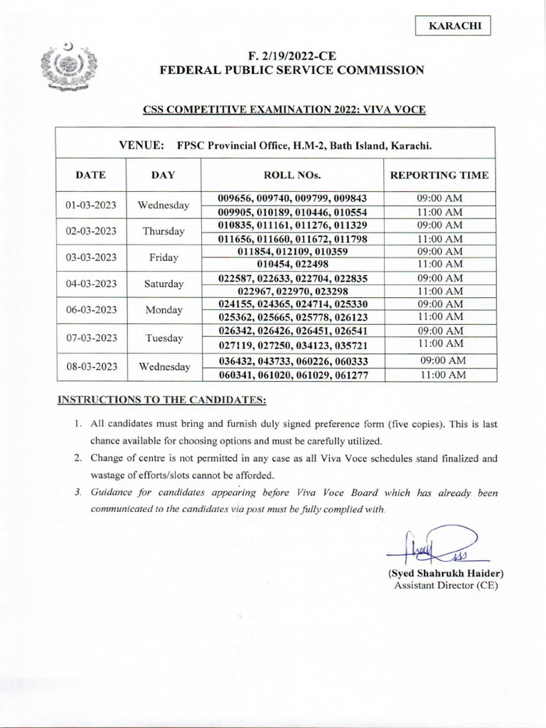 CE-2022 Viva Voce Schedule - Karachi | PDF