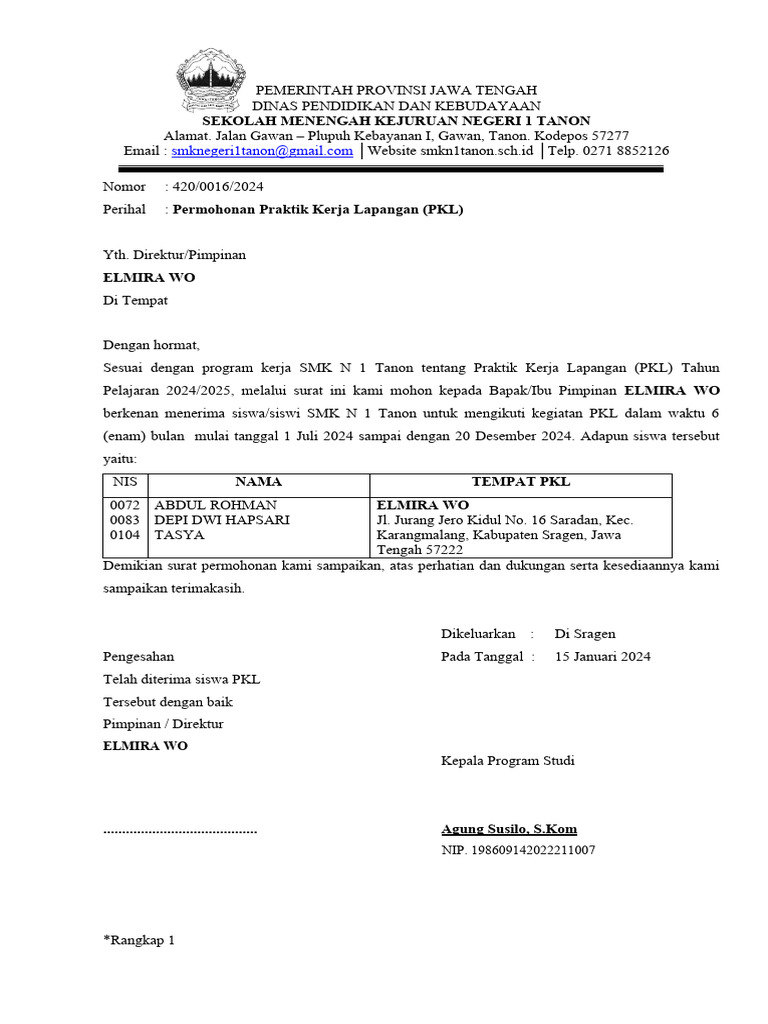 Contoh Surat Permohonan PKL | PDF