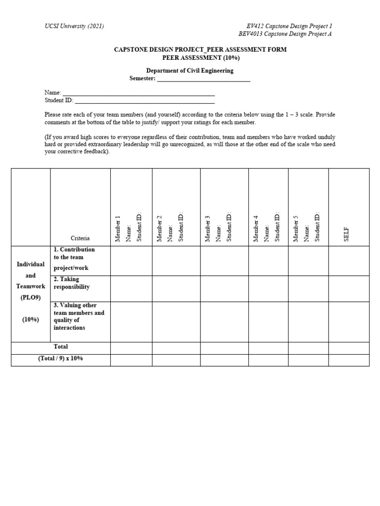 CAPSTONE DESIGN PROJECT_PEER ASSESSMENT FORM (1) | PDF | Human ...