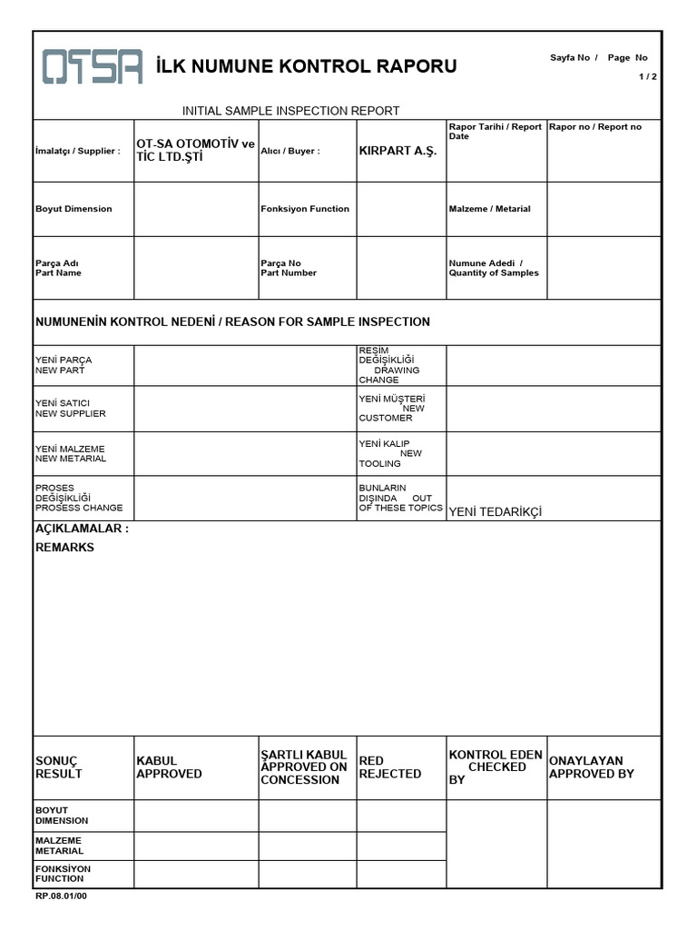İLK NUMUNE KONTROL RAPORU RP.08.01 | PDF