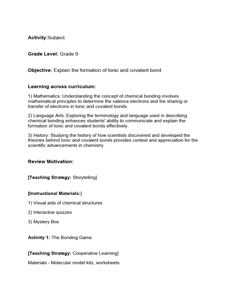 Lesson Plan | PDF | Chemical Bond | Ionic Bonding