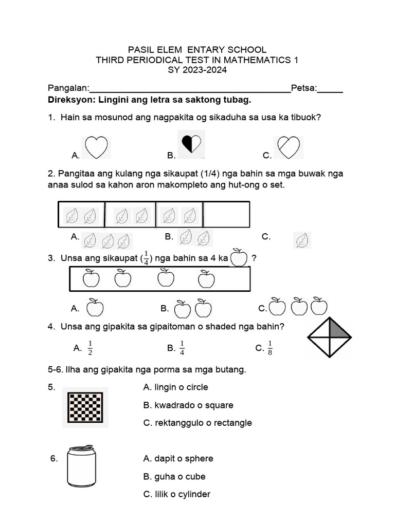 Grade 1 Math Test: Fractions & Shapes | PDF