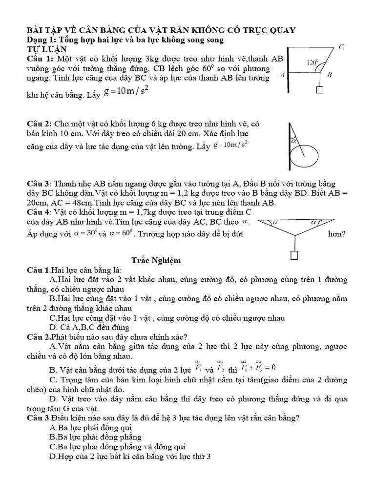 BÀI TẬP VỀ CÂN BẰNG CỦA VẬT RẮN KHÔNG CÓ TRỤC QUAY | PDF